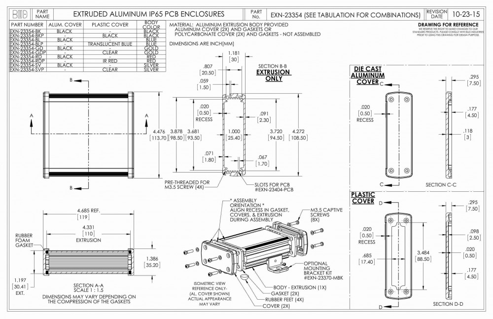 Bud Industries EXN-23354 series reference drawing showing enclosure cover configurations