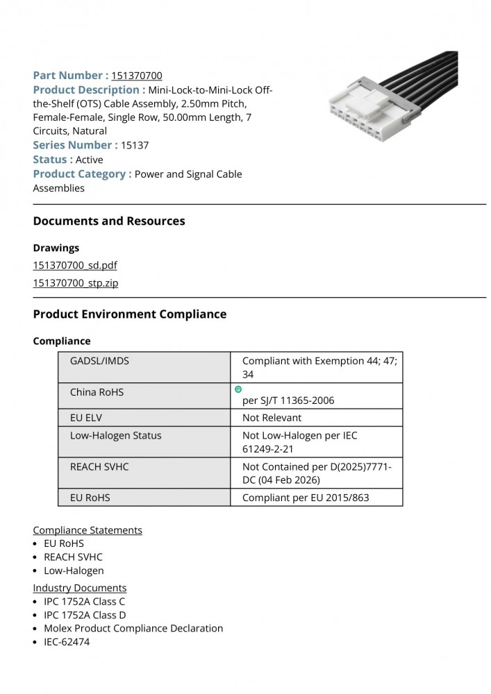 MOLEX 151370700 document image, page 1