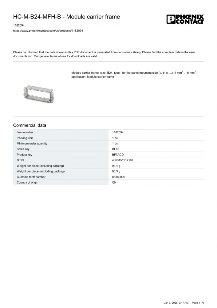 Phoenix Contact 1182094 technical document page 1