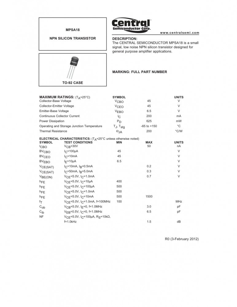 MPSA18 PBFREE datasheet page 1