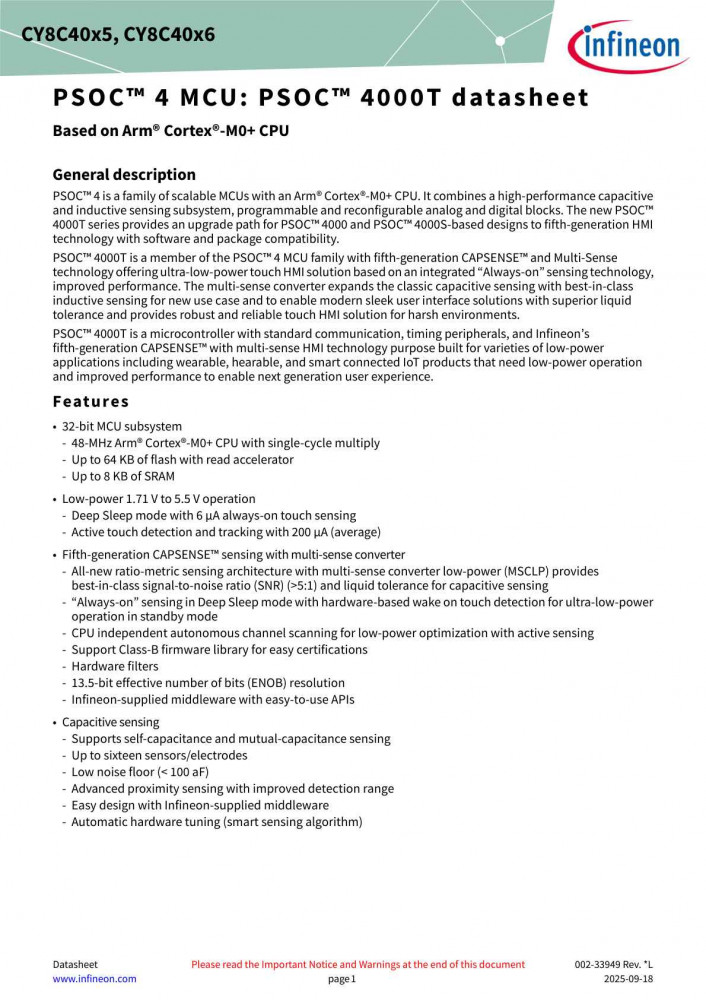 CY8C4046FNI-T412T datasheet page 1