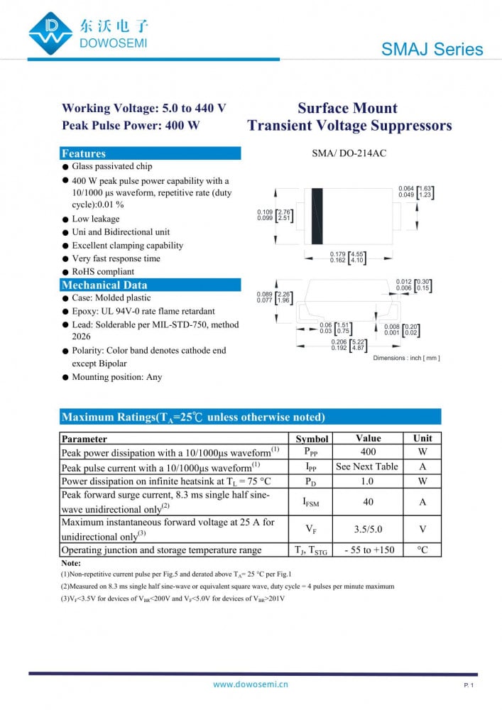 DOWO SMAJ8.0A datasheet page 1