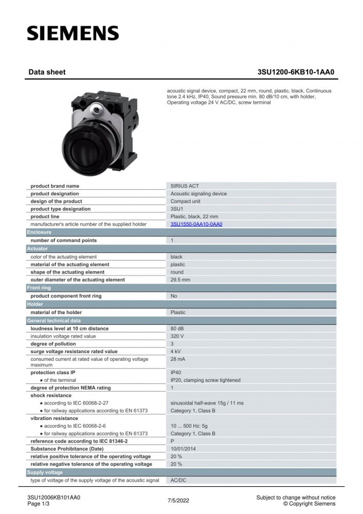 SIEMENS 3SU12006KB101AA0 datasheet page 1
