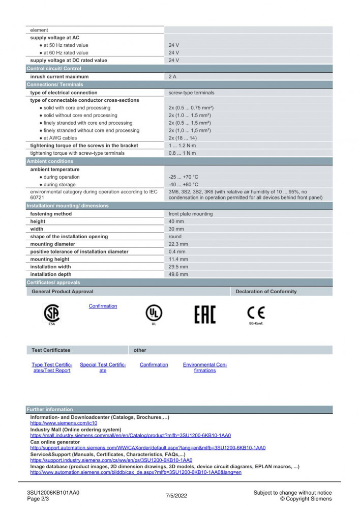 SIEMENS 3SU12006KB101AA0 datasheet page 2