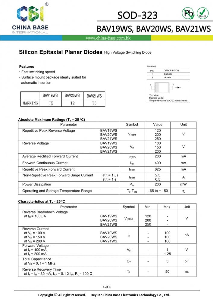 BAV21WS datasheet page 1