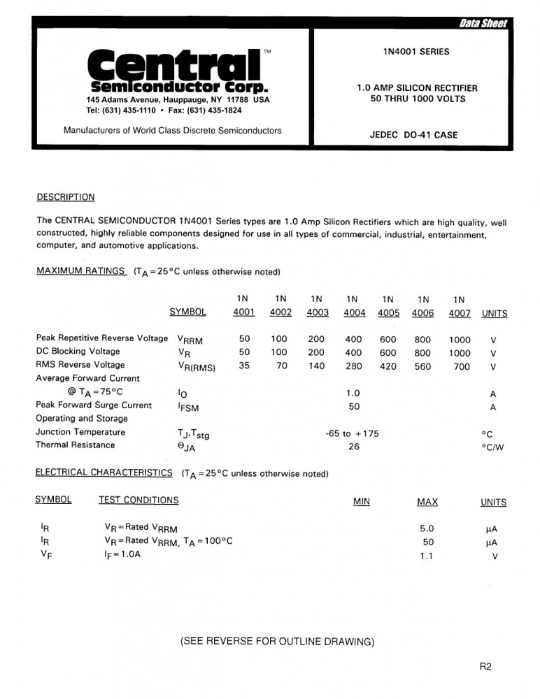 Central 1N4002SP technical document page 1