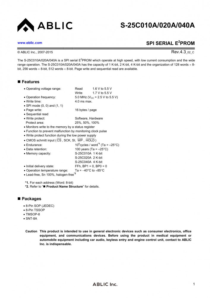 ABLIC S-25C020A datasheet page 1