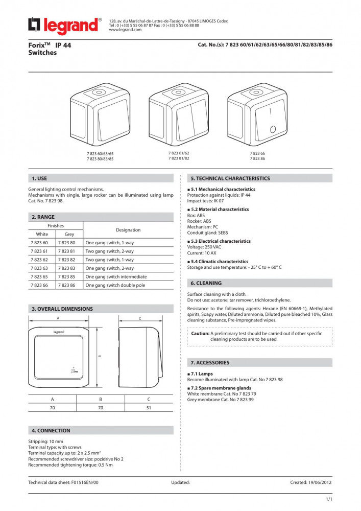 Legrand Forix IP 44 switch technical document preview