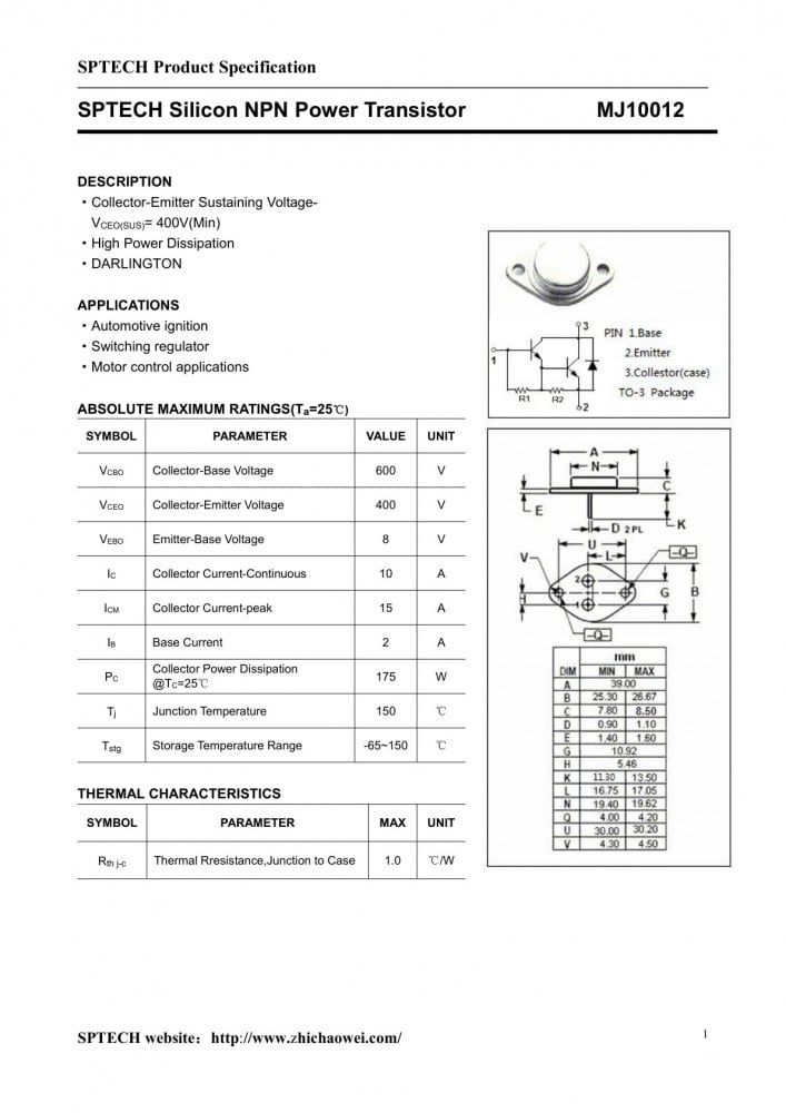 MJ10012 SPTECH datasheet page 1