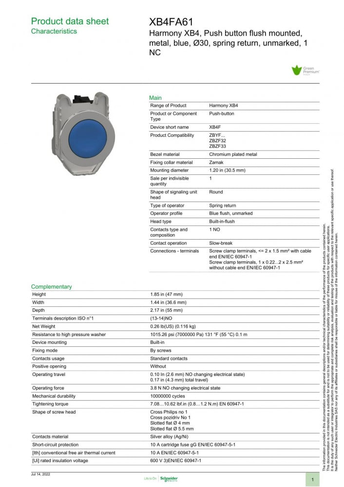 XB4FA61 technical document page 1