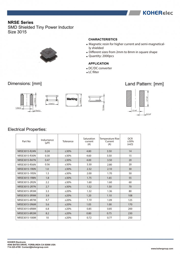 NRSE3015 series product and dimensional information
