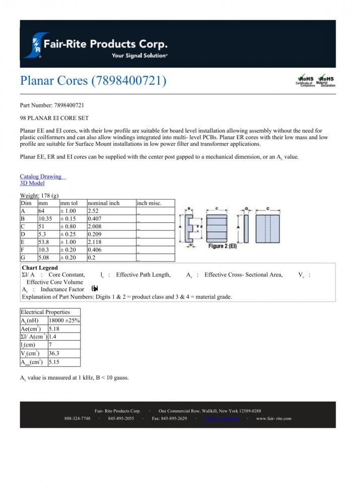 Fair-Rite 7898400721 catalog drawing and technical data