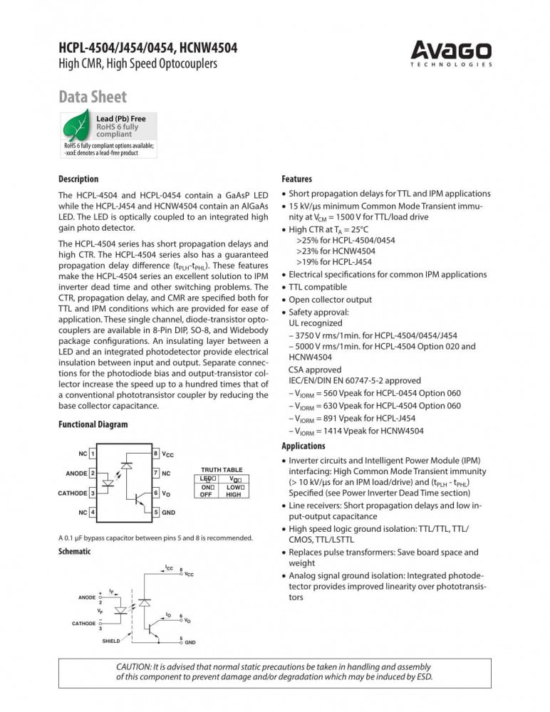 HCPL-0454-000E datasheet page 1