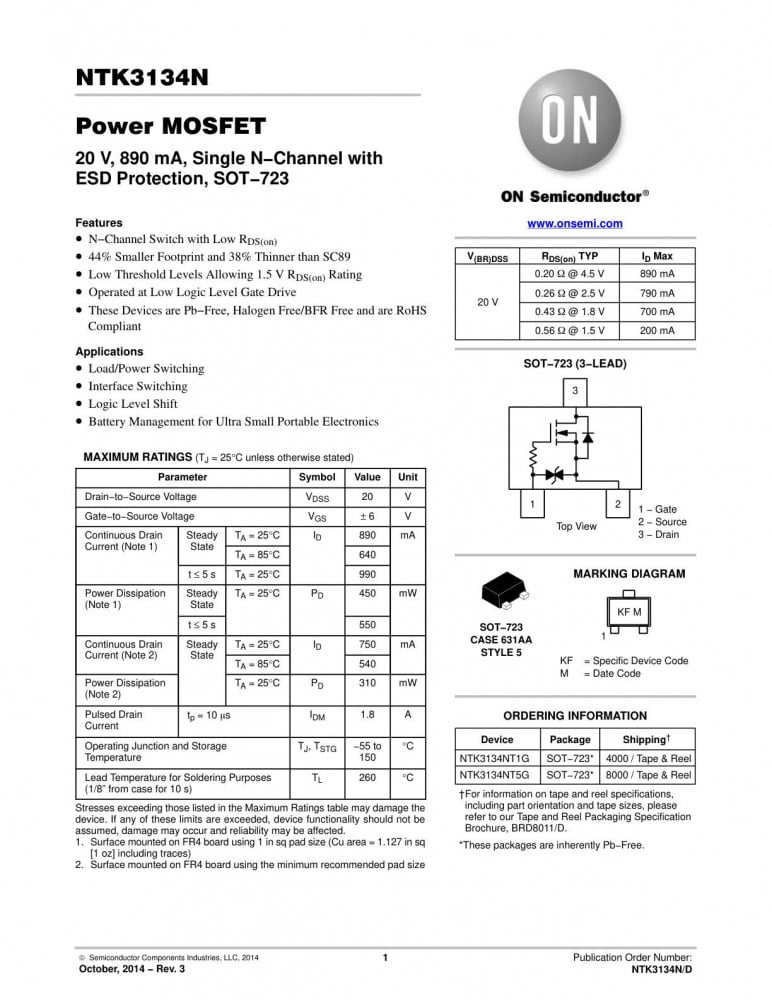 NTK3134NT1G datasheet page 1