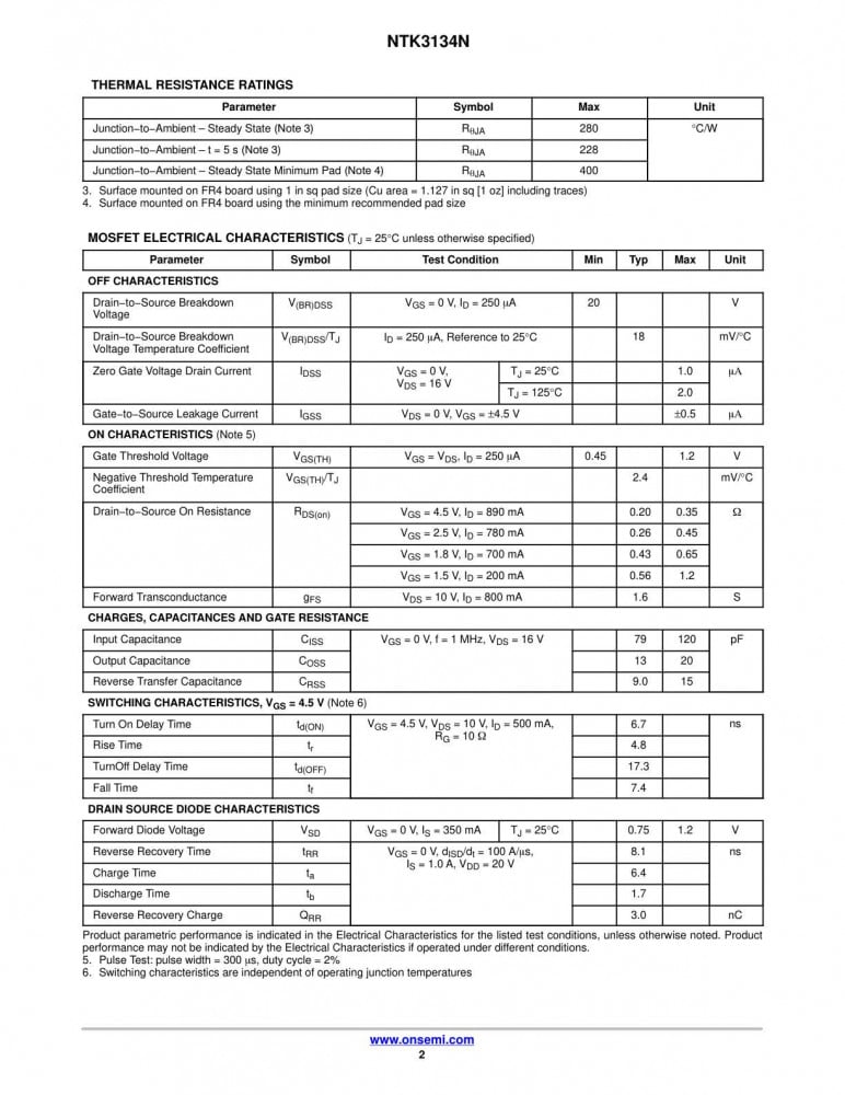 NTK3134NT1G datasheet page 2