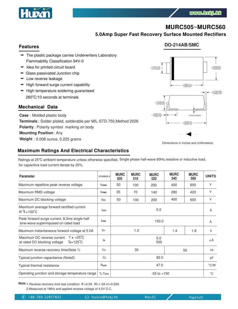 MURC505 to MURC560 rectifier datasheet page 1