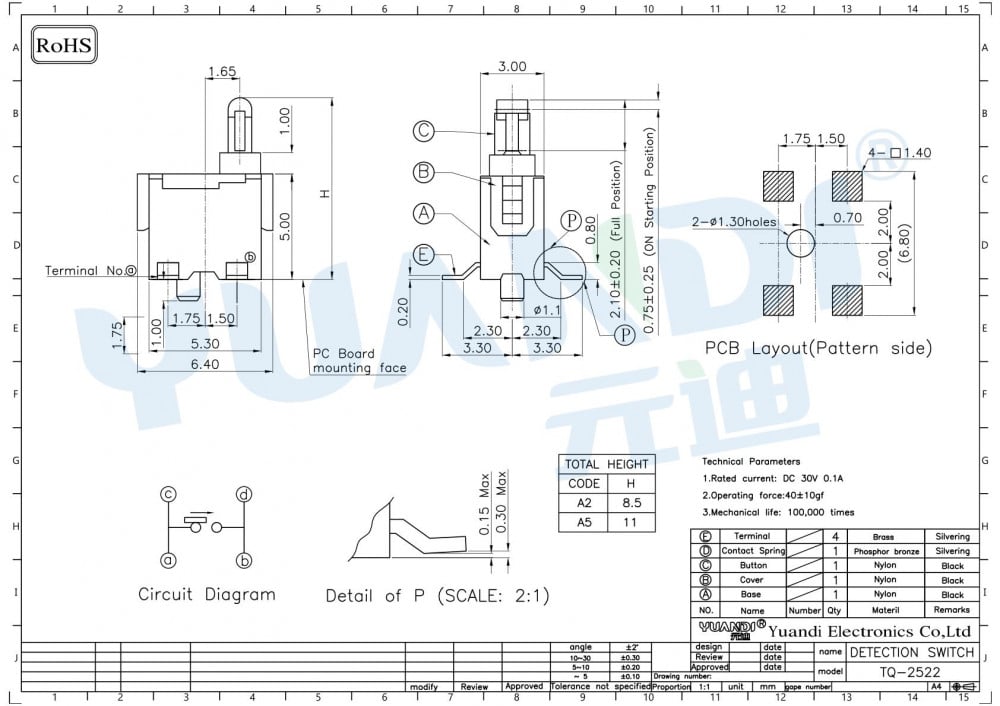 Yuandi TQ-2522 detection switch technical drawing