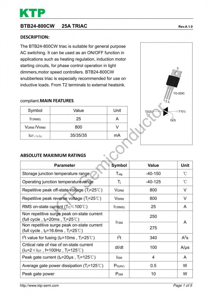 BTB24-800CW datasheet page 1