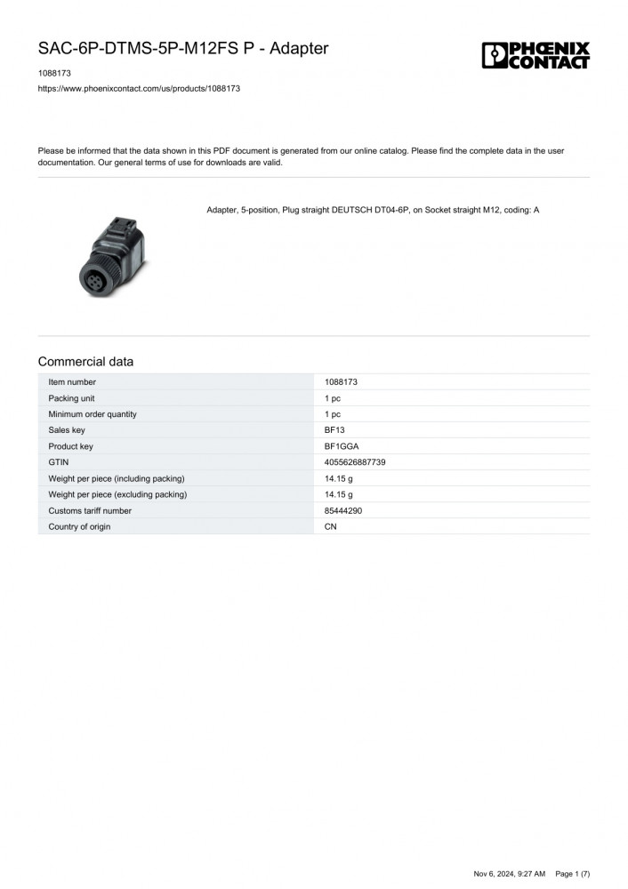 Phoenix Contact 1088173 technical document page 1