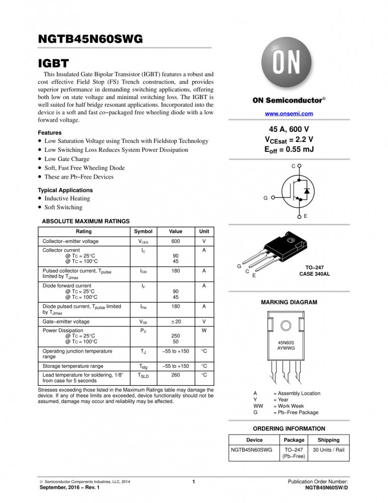 NGTB45N60SWG technical document page 1