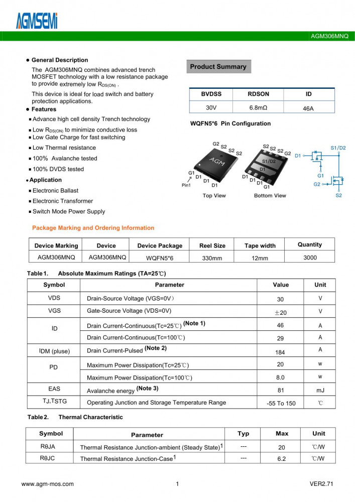 AGM306MNQ datasheet page 1