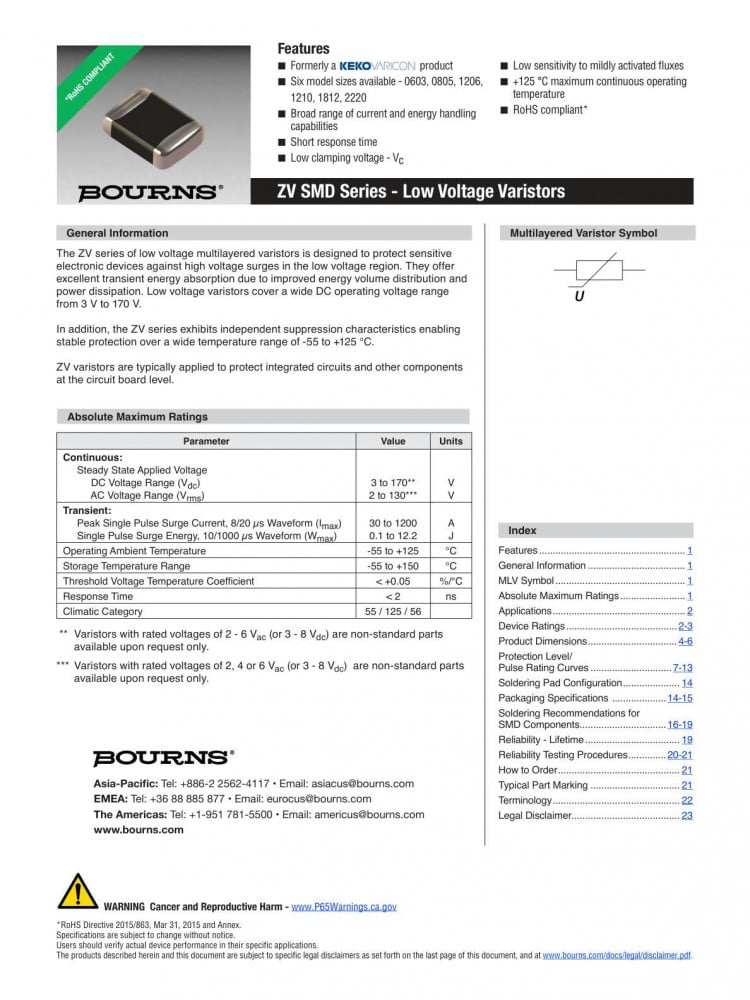 Bourns ZV SMD datasheet page 1