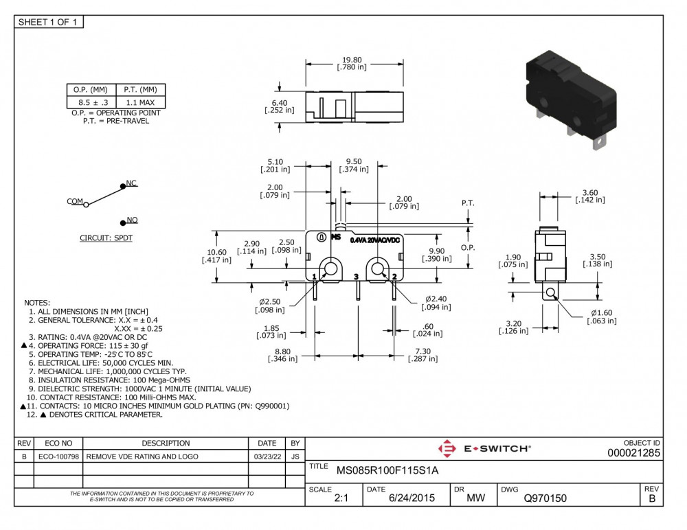 E-Switch MS085R100F115S1A product drawing preview