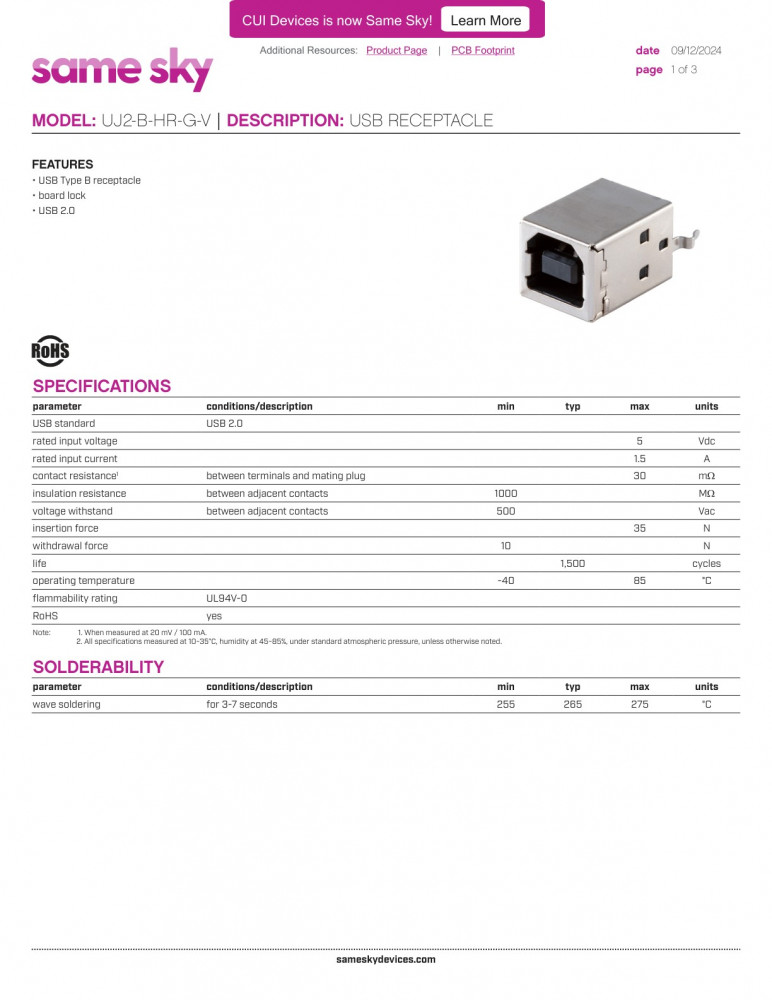 UJ2-B-HR-G-V technical document page 1