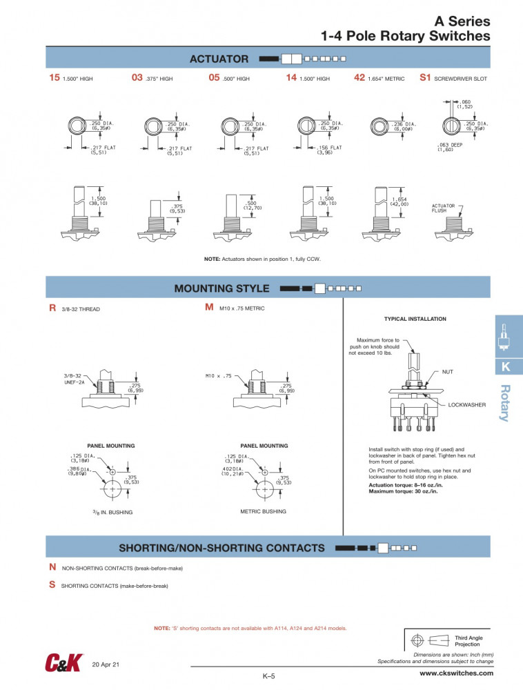 C&K A Series rotary switch datasheet page 3