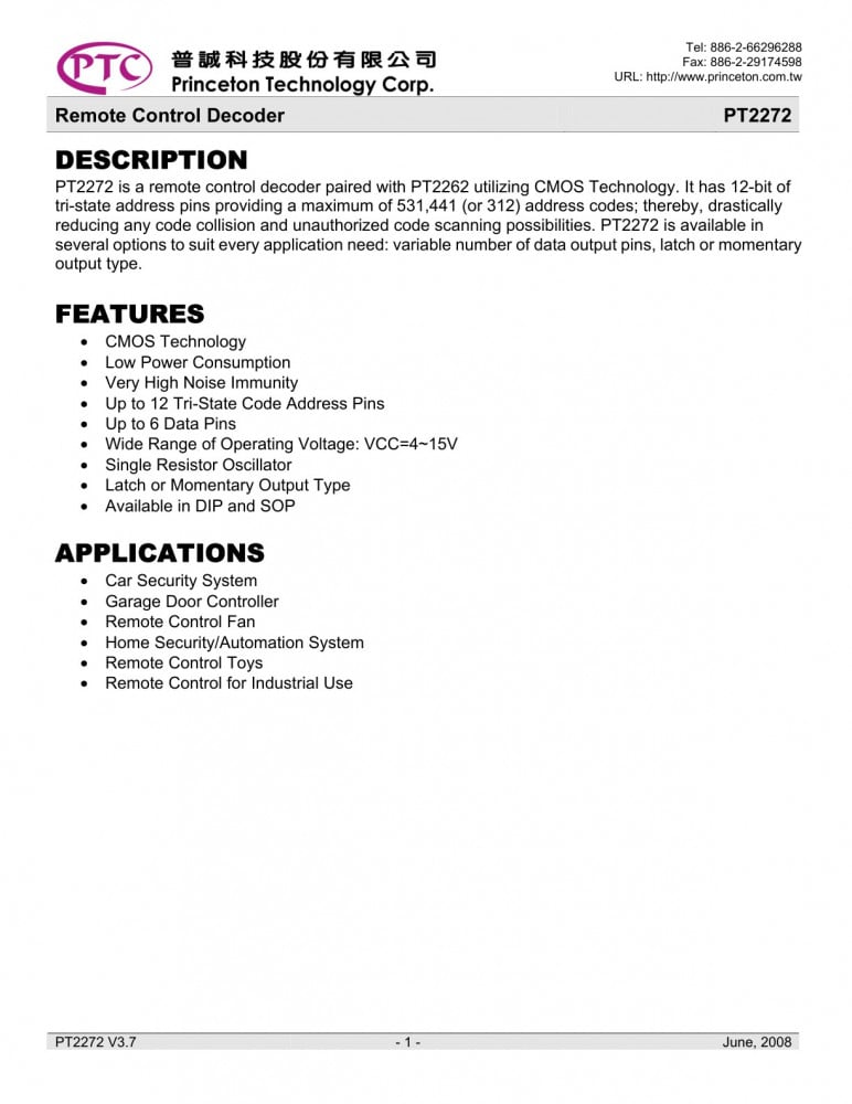 PT2272-L4S technical document page 1