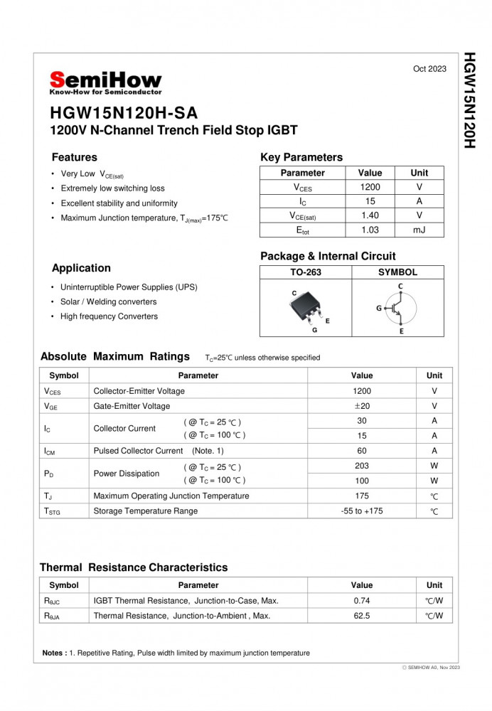 HGW15N120H datasheet page 1