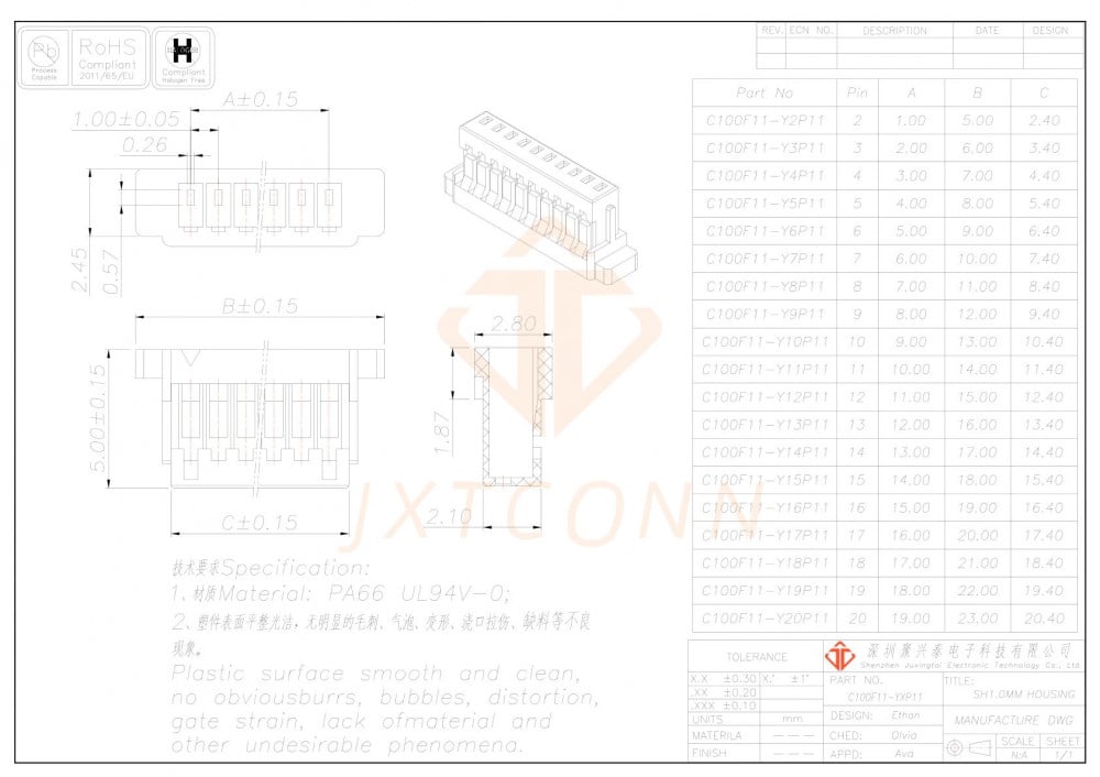 C100F11-Y8P11 SH1.0 mm housing technical drawing