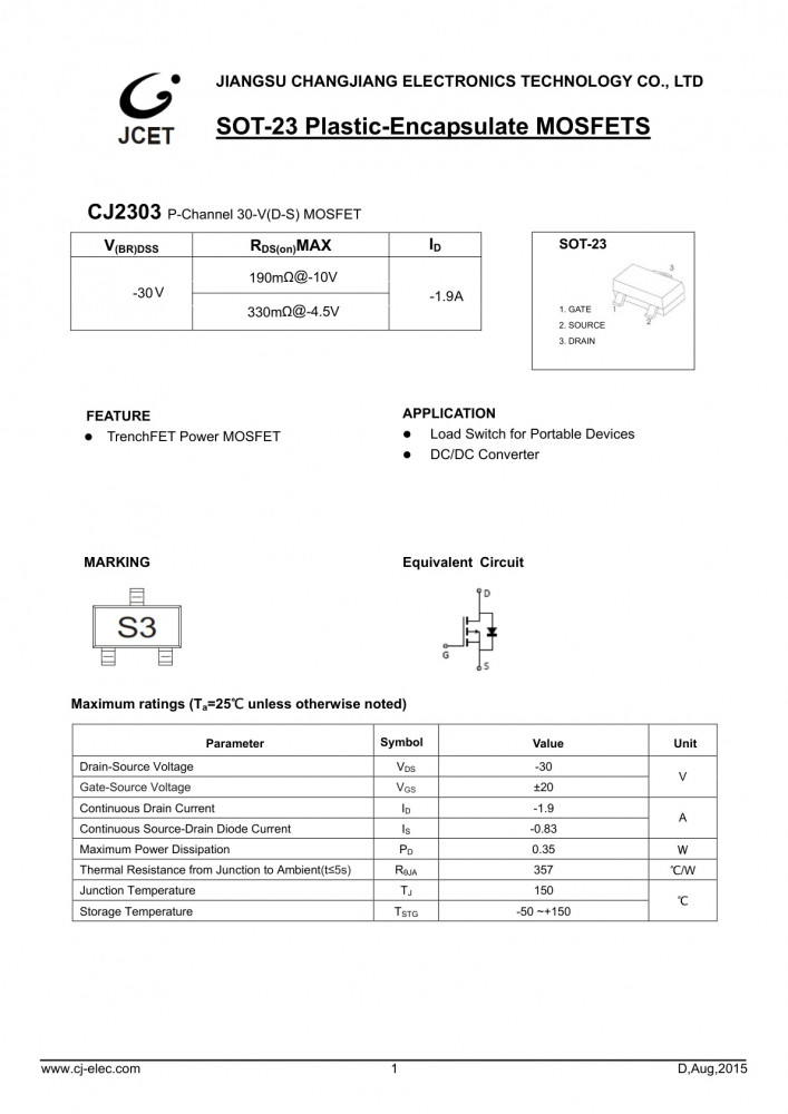 CJ2303 datasheet page 1