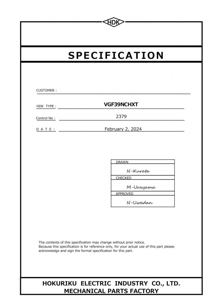 HDK VGF39NCHXT specification page 1