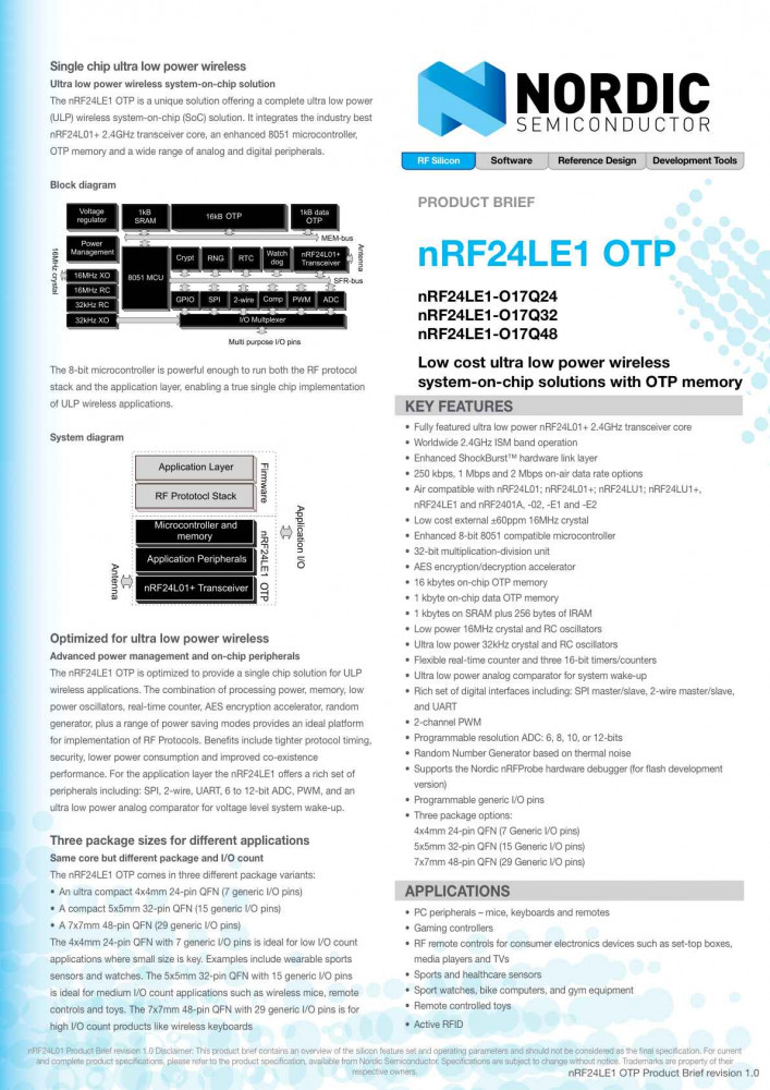 NRF24LE1 product documentation page 1
