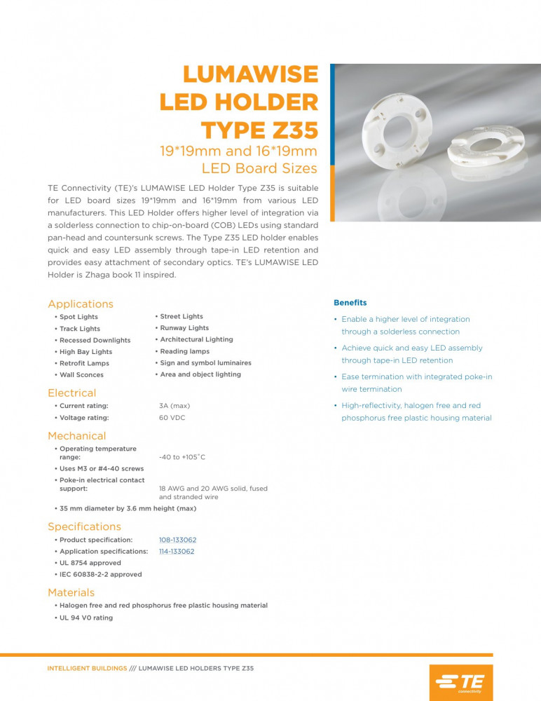 TE Connectivity LUMAWISE Type Z35 LED holder documentation page 1