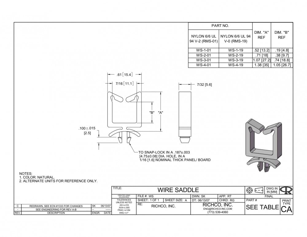 WS-1-19 wire saddle technical drawing