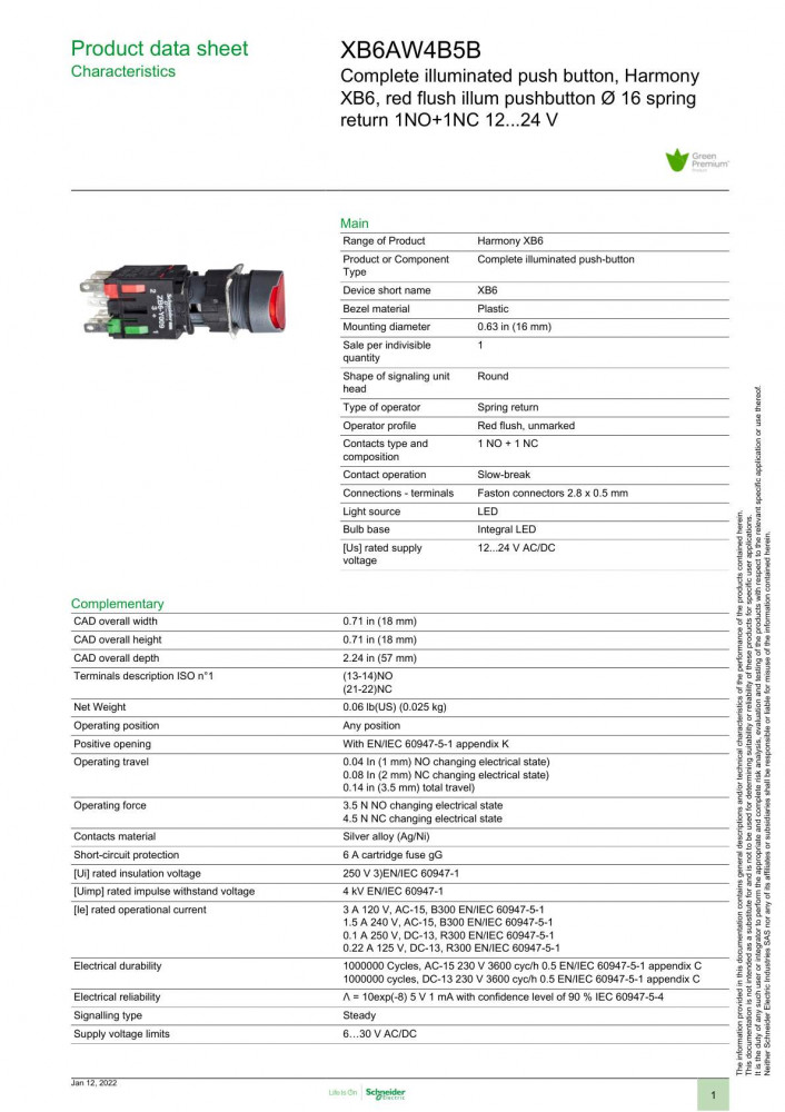 XB6AW4B5B technical document page 1