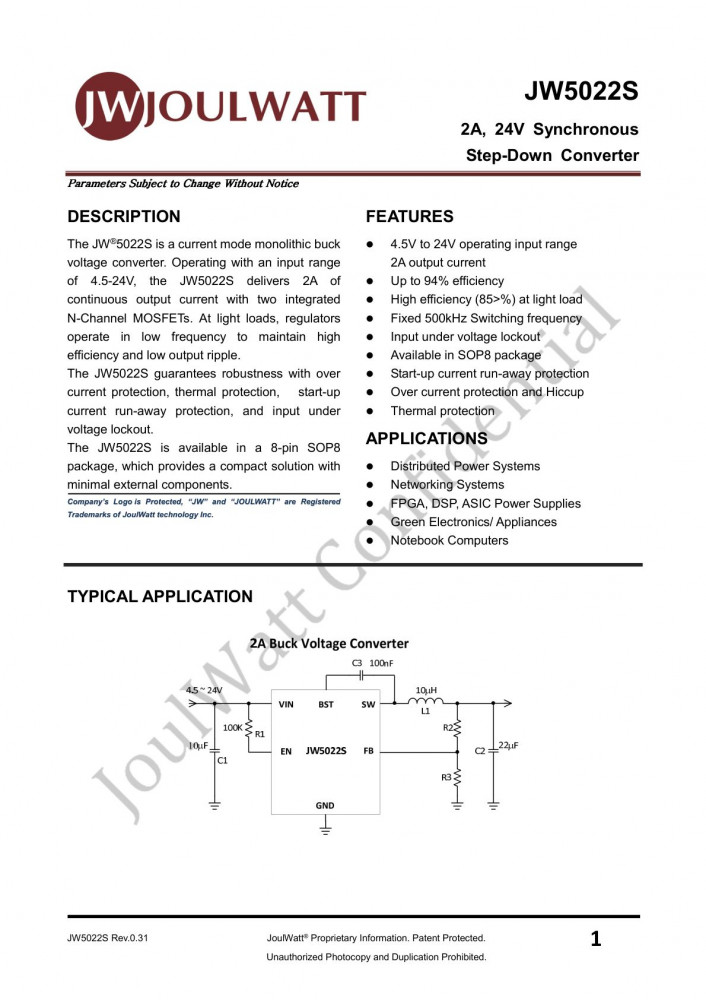 JW5022S datasheet page 1