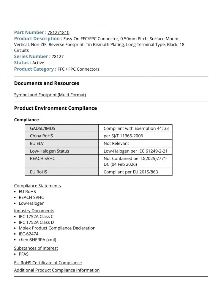 Technical document page image 1 for MOLEX 781271810