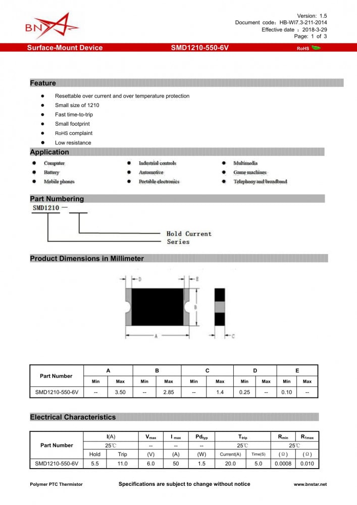 BNstar SMD1210-550-6V datasheet page 1