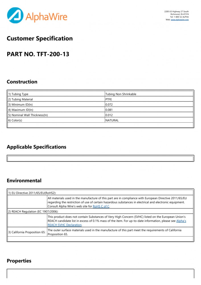 Alpha Wire TFT-200-13 technical document page 1