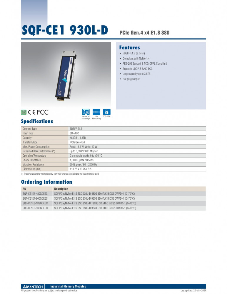 ADVANTECH SQF-CE1 930L-D product document preview