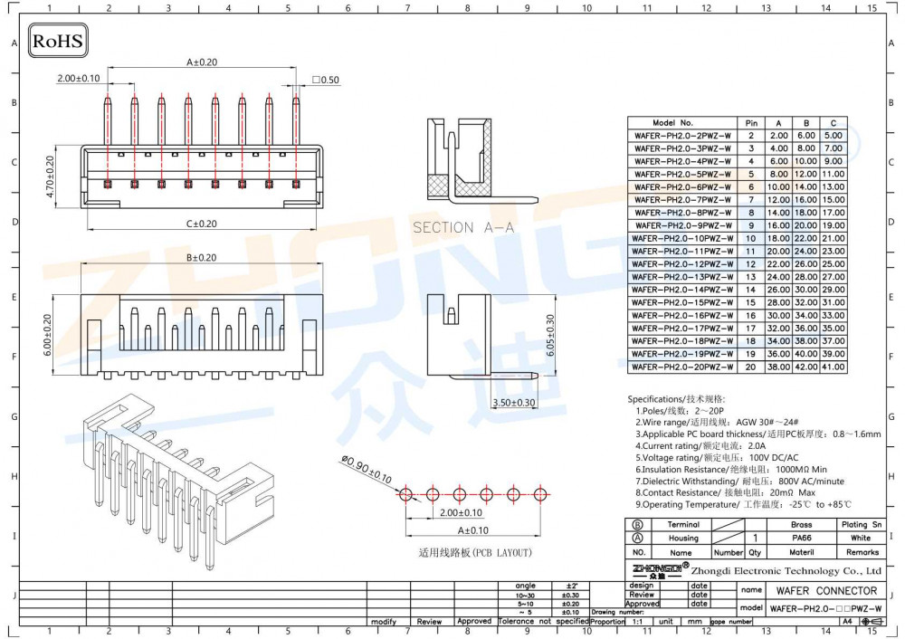 Zhongdi WAFER-PH2.0-5PWZ-W technical drawing