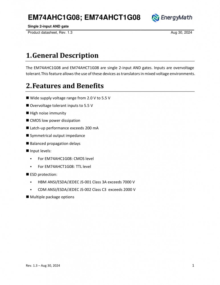 EM74AHC1G08GW datasheet page 1