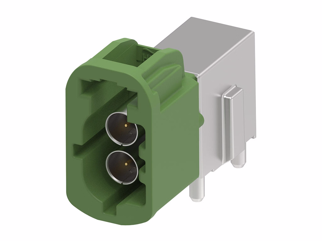 High-Speed FAKRA Mini (HFM) Dual-Stack Header, 2x1, Right-Angle, Through Hole, Key E, Green, 50 Ohms for sale