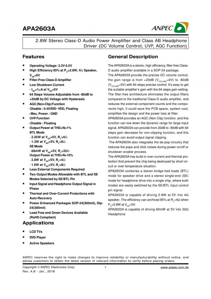 APA2603A datasheet page 1