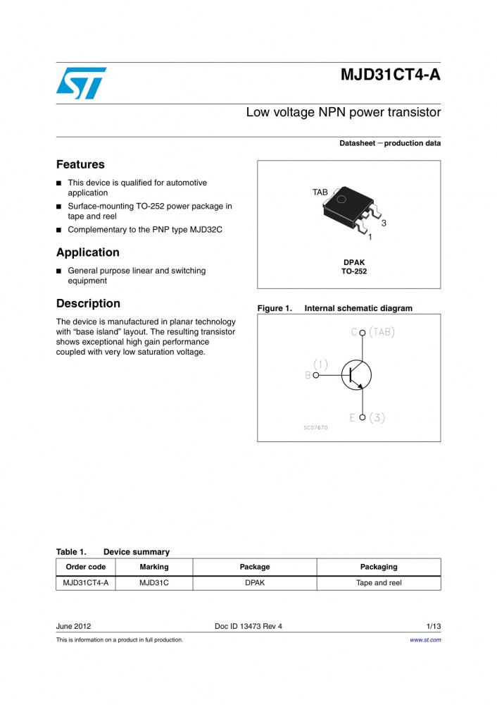 MJD31CT4-A datasheet page 1