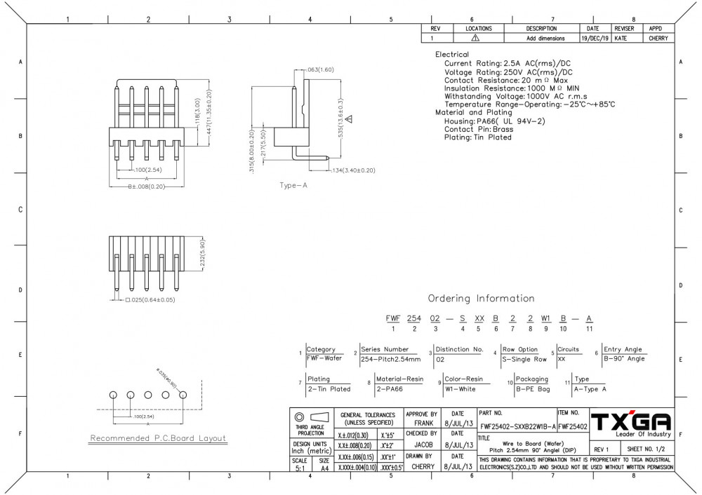 TXGA FWF25402-S12B22W1B-A technical drawing page 1