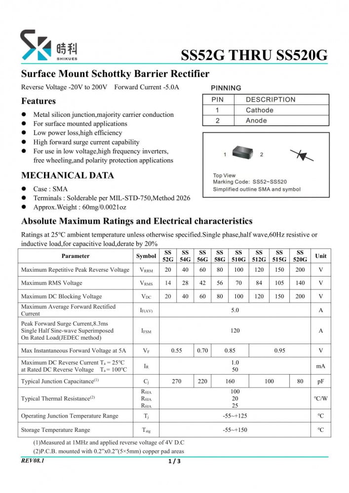 SS52G datasheet page 1